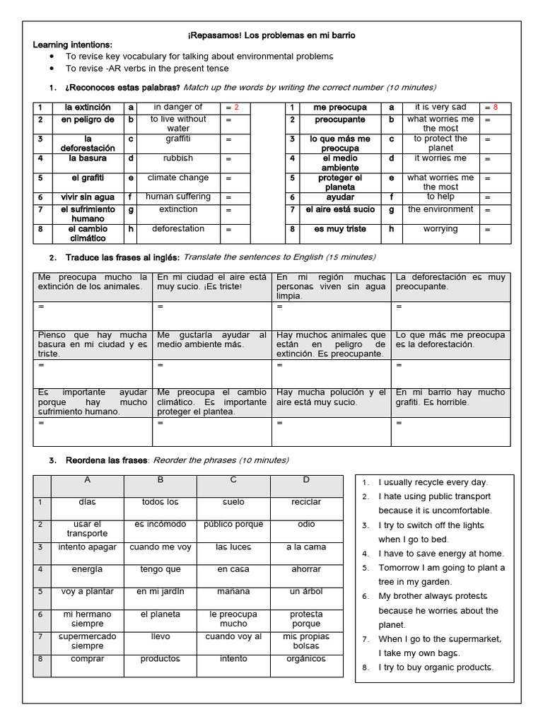 Spanish Environment Problems and Solutions Revision Worksheet | PDF ...