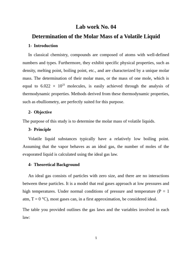 Lab Work No 04 Determination of The Molar Mass of A Volatile Liquid | PDF