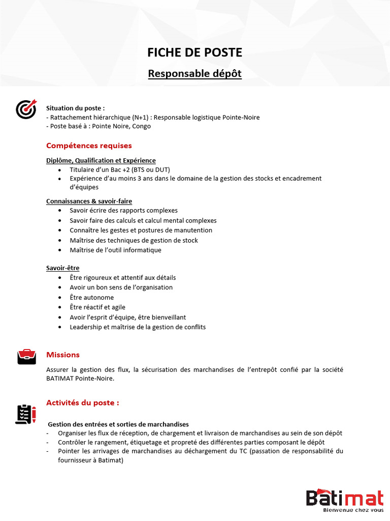 Fiche de Poste - Responsable Dépôt Pointe-Noire | PDF