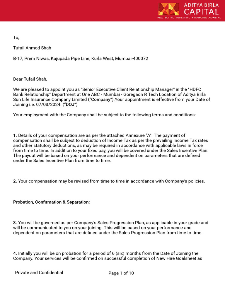 Aditya Birla Offer Letter | PDF