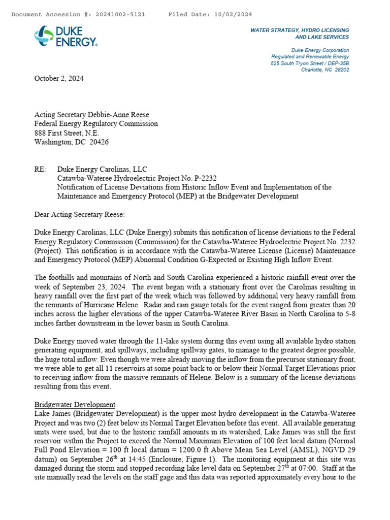 FERC Filing With Duke Energy Oct. 2, 2024 | PDF | Spillway ...