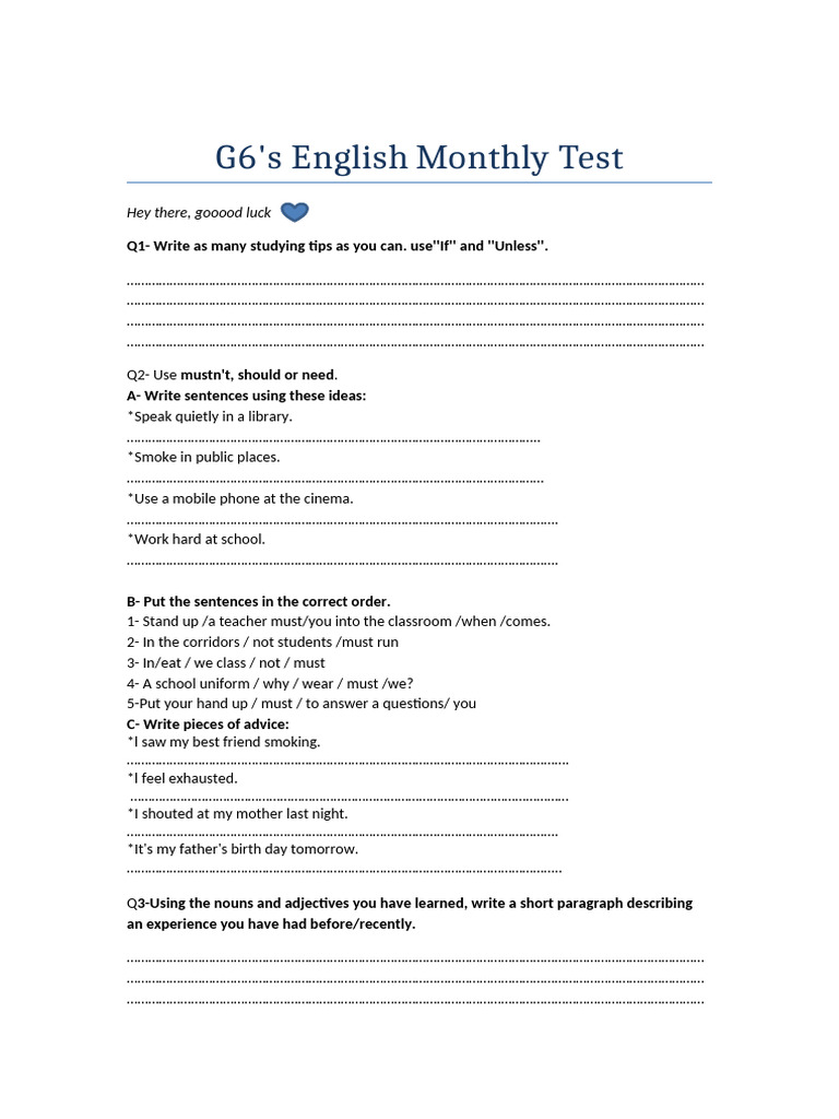 G6's English Monthly Test: Hey There, Gooood Luck | PDF