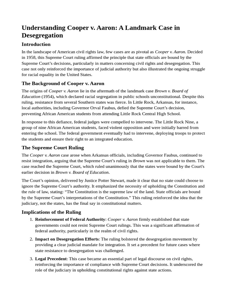 Understanding Cooper v. Aaron: A Landmark Case in Desegregation | PDF