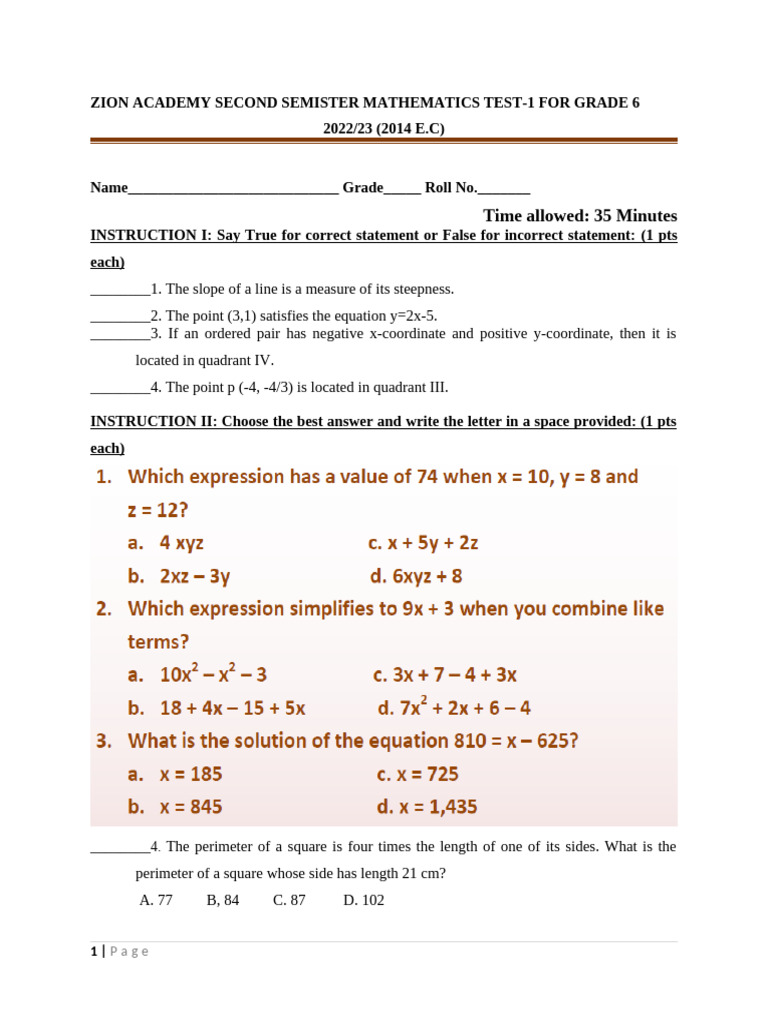 Grade 6 Maths - Test 1 | PDF