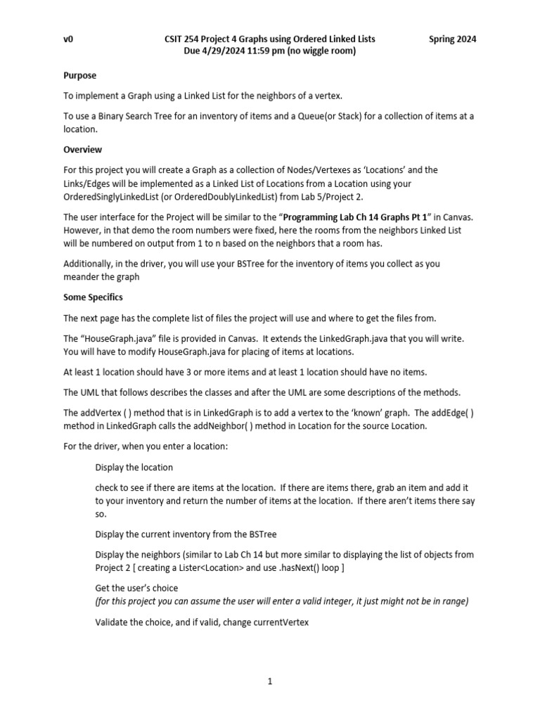 CSIT 254-01 MW Project 4 Graph Using Ordered Linked Lists - S24 - v0 | PDF
