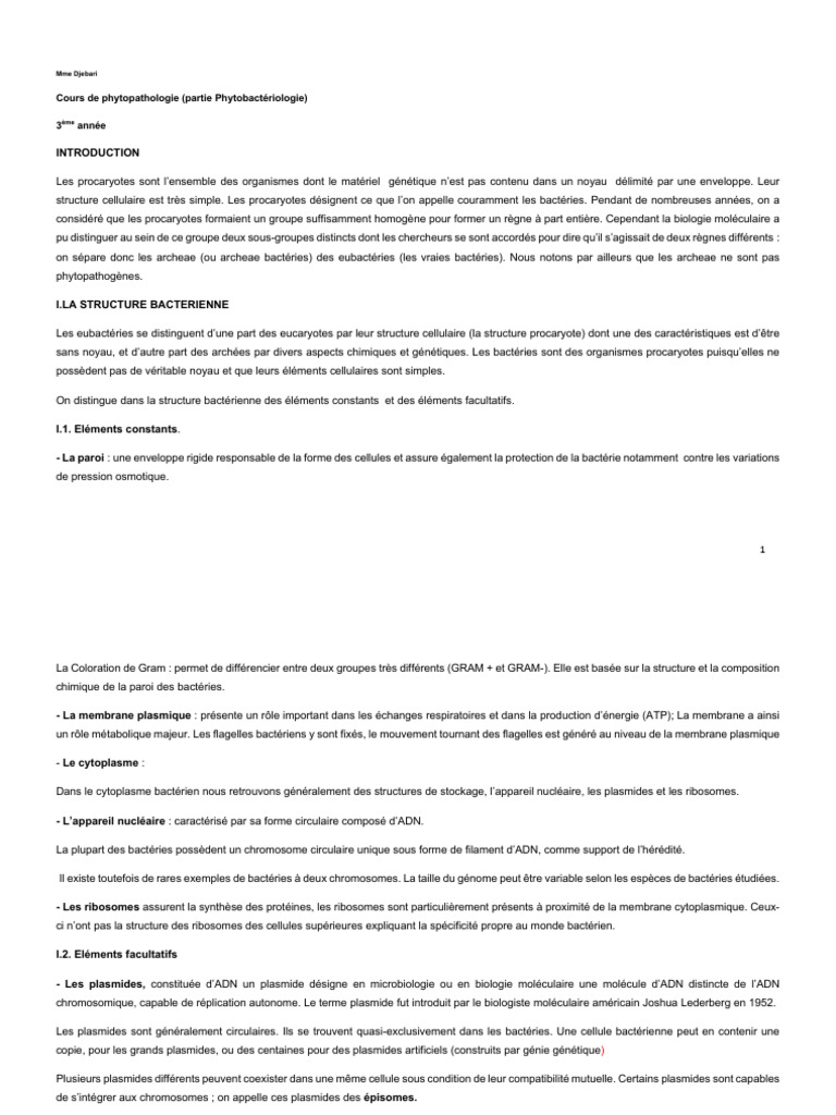 Cours Troisieme Année Phytopathologie Partie Bactériologie Polycope 2024 | PDF
