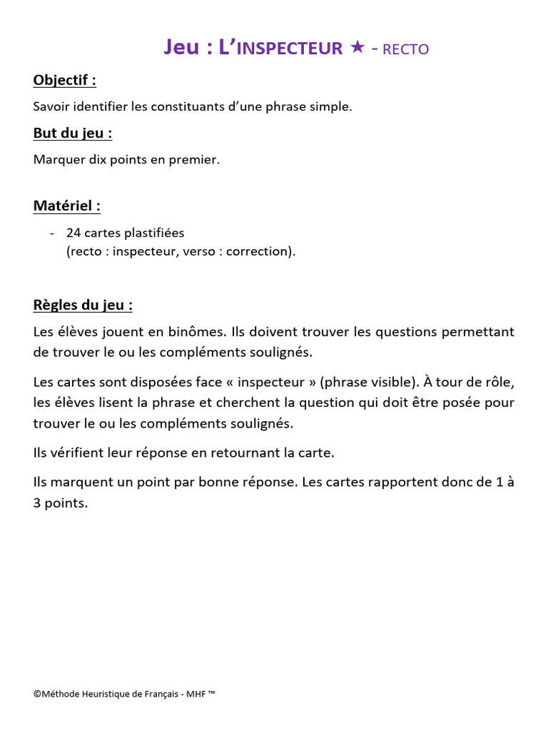 Jeu - INSPECTEUR 1 RECTO | PDF