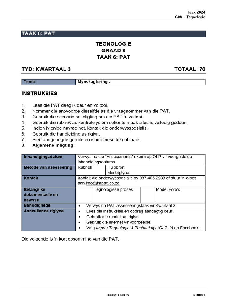 Tegnologie Graad 8 Taak 6: Pat Tyd: Kwartaal 3 Totaal: 70 | PDF