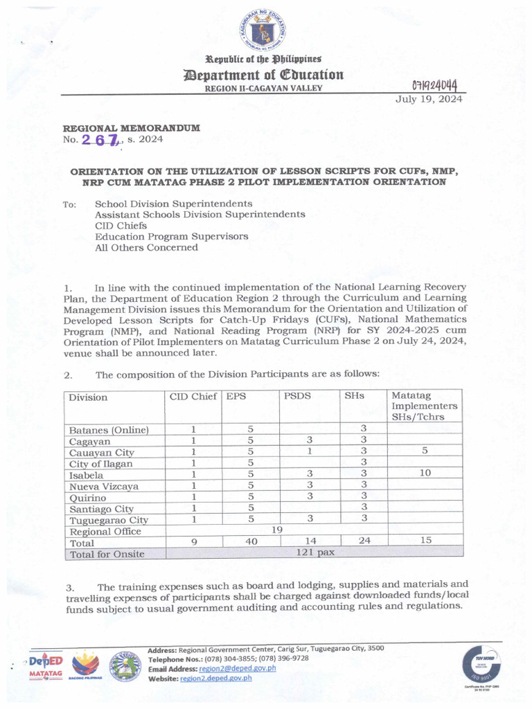 Regional Memorandum No. 267 S. 2024 Orientation On The Utilization of Lesson Scripts For Cufs ...
