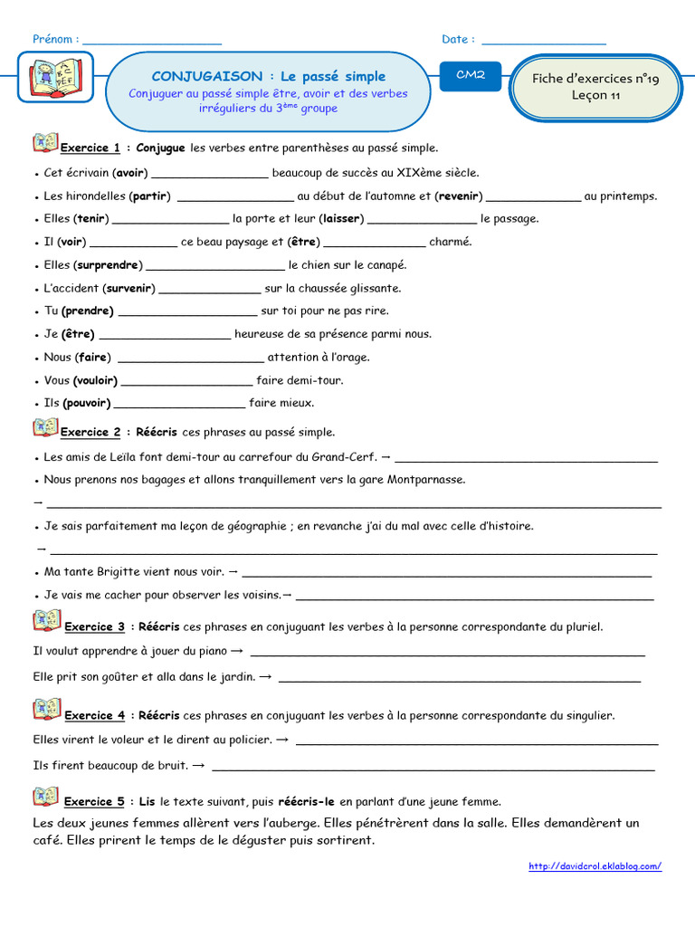 Fiche 19 Conjuguer Au Passe Simple Etre Avoir Et Des Verbes Irreguliers ...