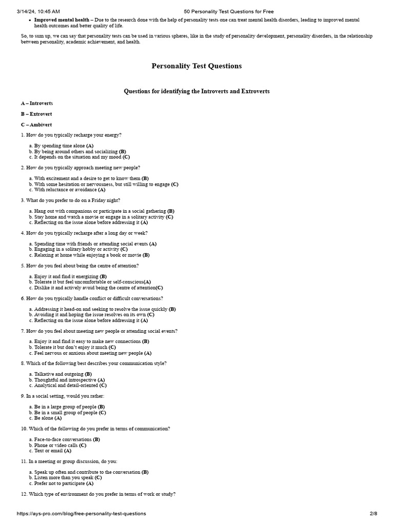 50 Personality Test Questions For Free | PDF | Investing | Extraversion ...