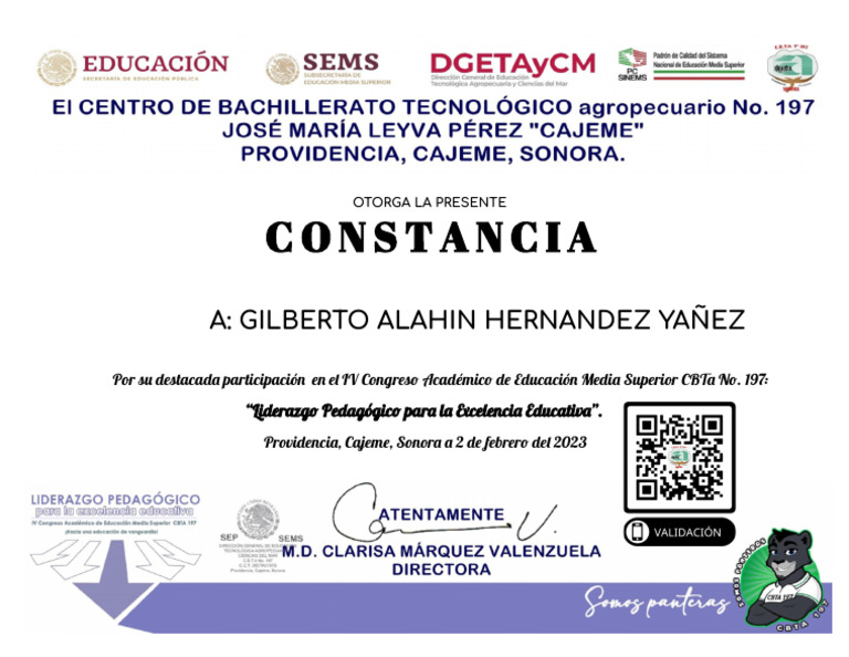 Constancia IV Congreso Academico Cbta 197 Gilberto Alahin Hernandez ...