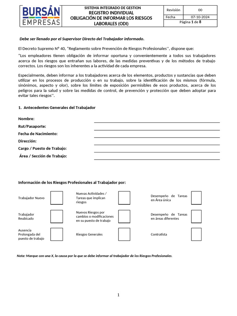 Registro Individual Obligación de Informar Los Riesgos Laborales (Odi ...