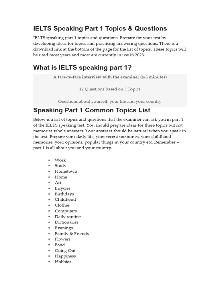 IELTS Speaking Part 1 Topics Questions | PDF