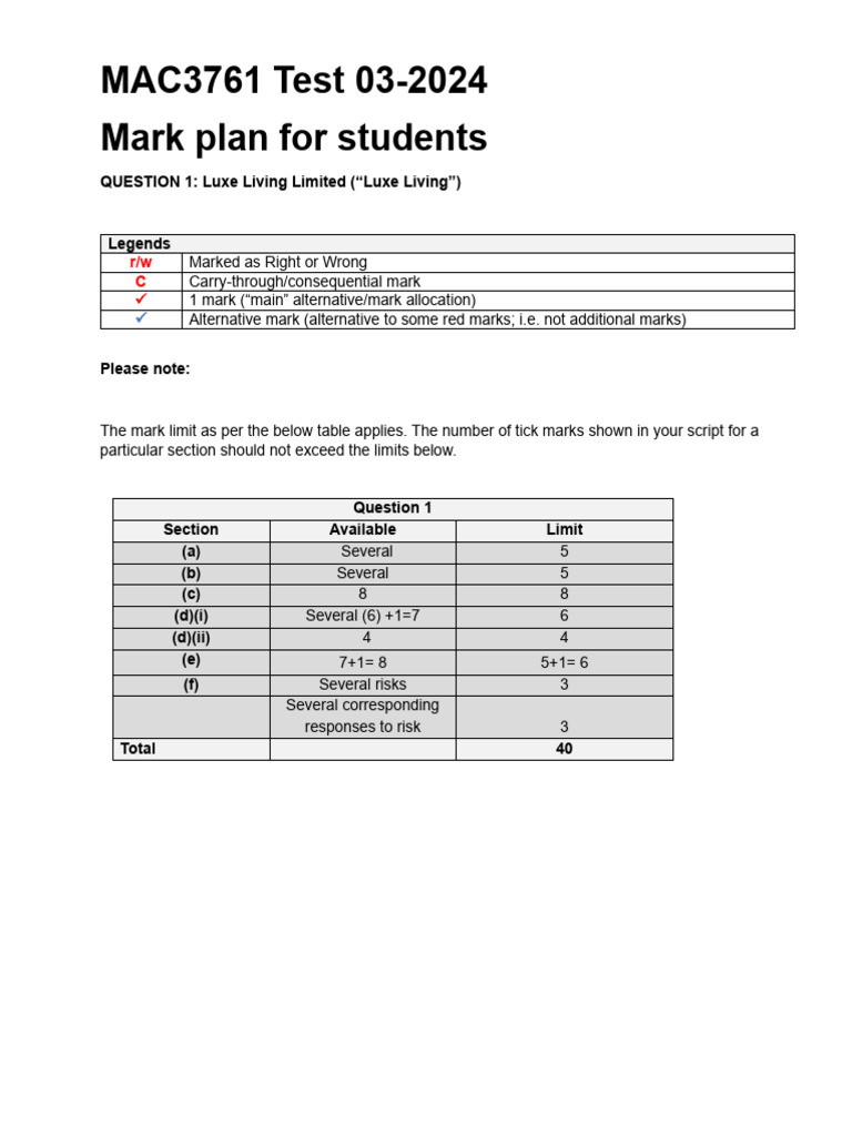 Mark plan for students test 3_2024 | PDF