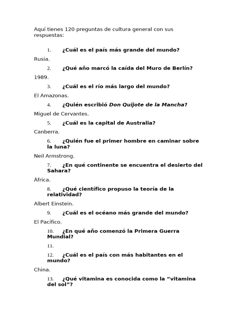 Aquí Tienes 120 Preguntas de Cultura General Con Sus Respuestas | PDF