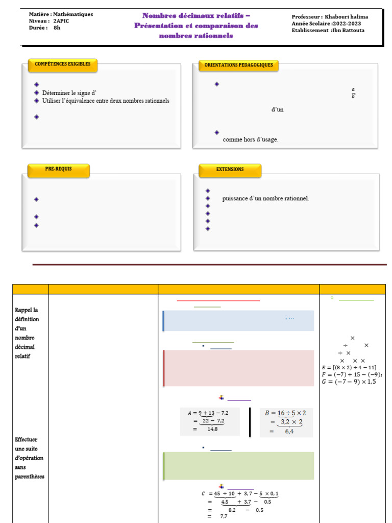 Nombres d.relatifs Et Nombres Rationnels 2AC (2) | PDF
