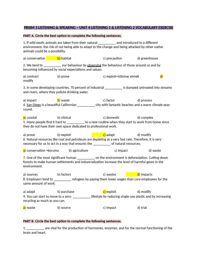 Prism 3 Listening&Speaking - Unit 4 L1&L2 Vocabulary Exercise (Instructor's Copy) | PDF