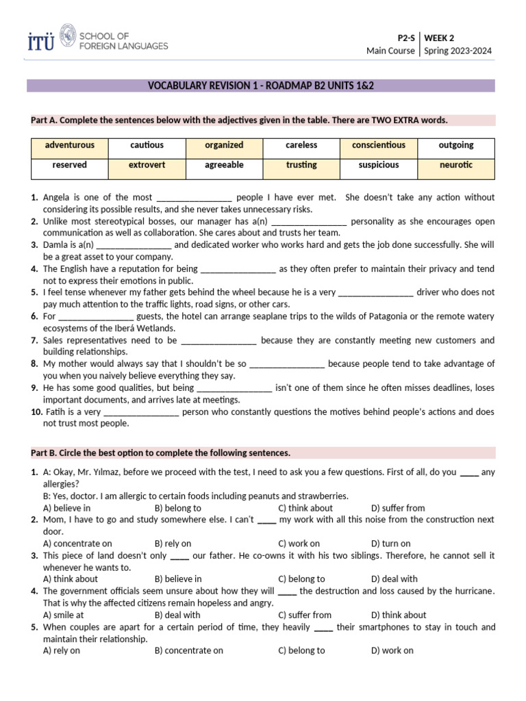 Roadmap B2 Vocabulary Revision 1 - Units 1&2 | PDF