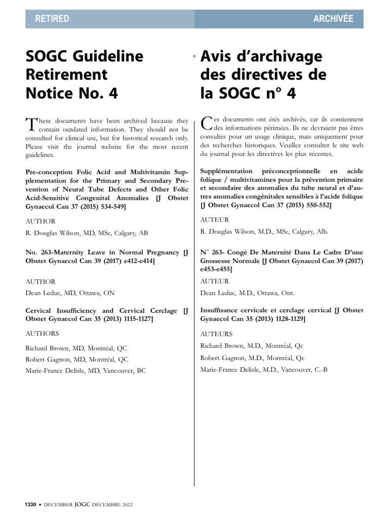 SOGC Guideline Retirement Notice No. 4 Jogc | PDF