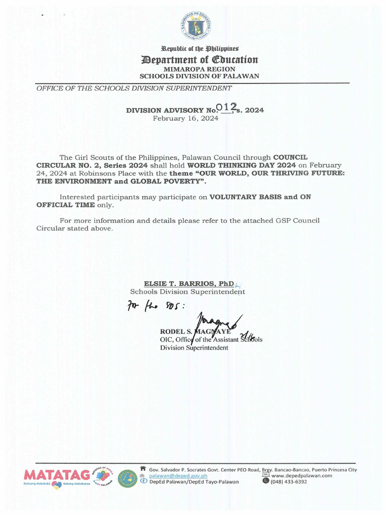 Division Advisory No. 12 S. 2024 GSP World Thinking Day 2024 | PDF