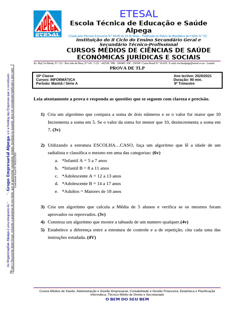 TLP 10 Classe Grupo A Manhã | PDF