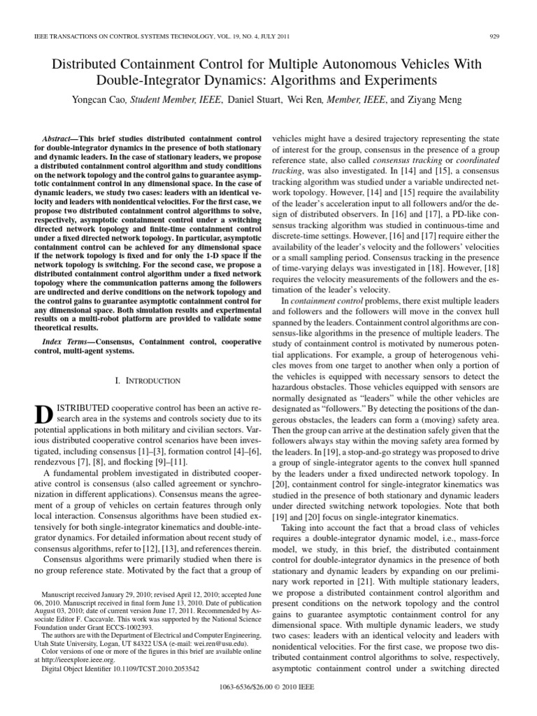 Distributed Containment Control For Multiple Autonomous Vehicles With Double-Integrator Dynamics ...