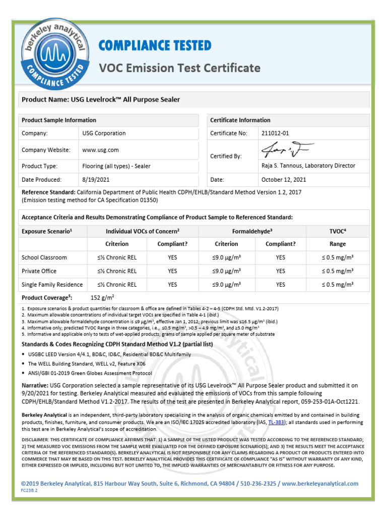Usg Levelrock All Purpose Sealer Voc Emissions Certificate en 211012 01 ...