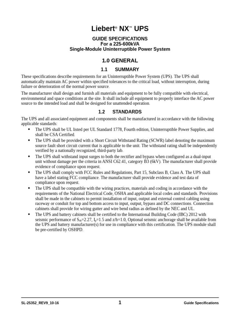 liebert-nx-225-600kva-single-module-guide-specifications | PDF