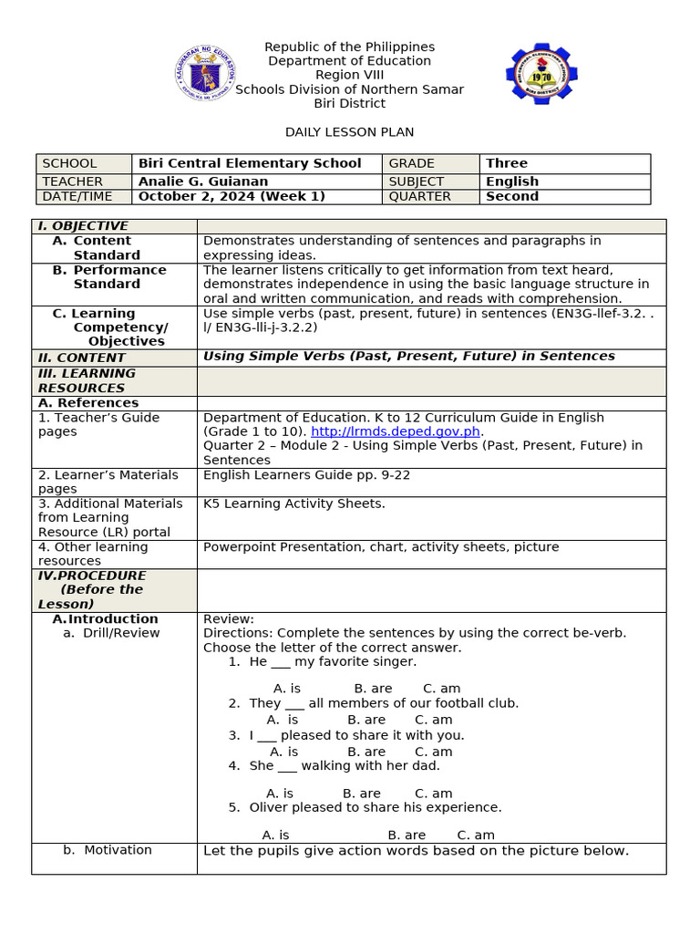 Grade 3 English Lesson Plan: Simple Verbs | PDF | Grammatical Tense ...
