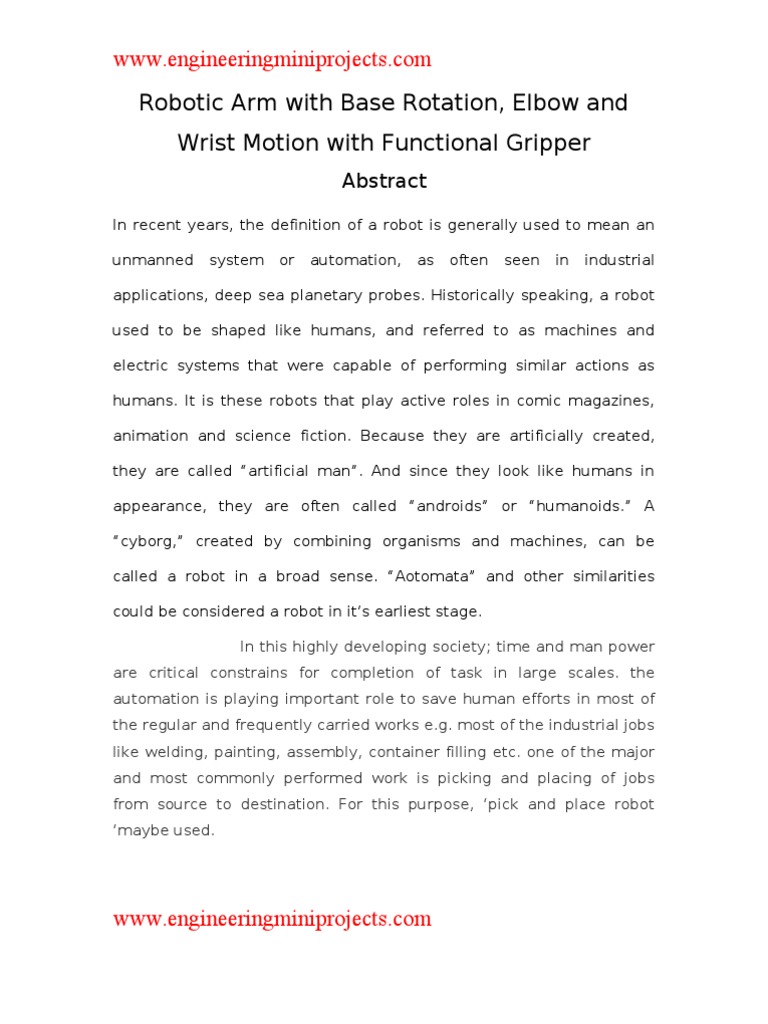 Robotic Arm With Base Rotation Elbow and Wrist Motion With Functional ...