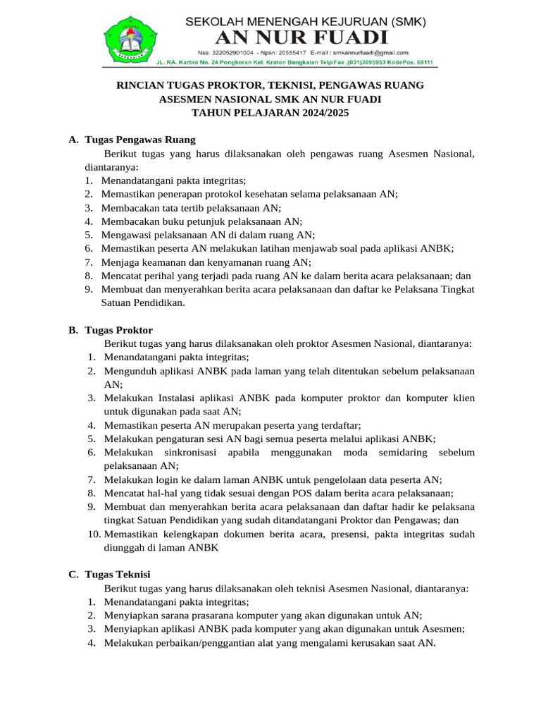 Rincian Tugas Pelaksana Anbk 24-25 | PDF