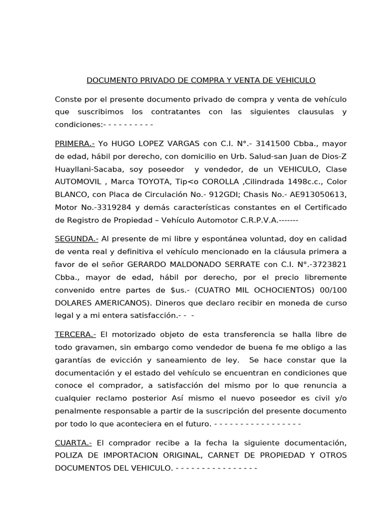 Compra Venta Documento Privado de Vehiculo | PDF