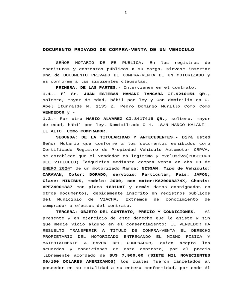 Minuta de Compra de Vihiculo | PDF