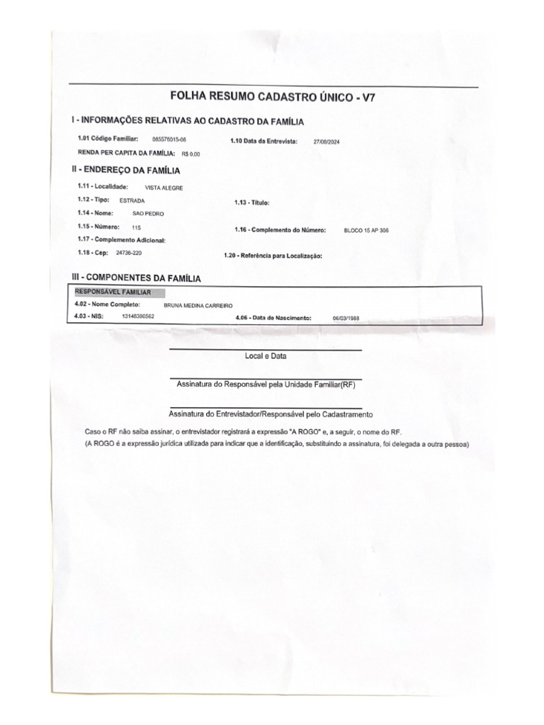 Folha Resumo Cadastro Único - V7 2 | PDF