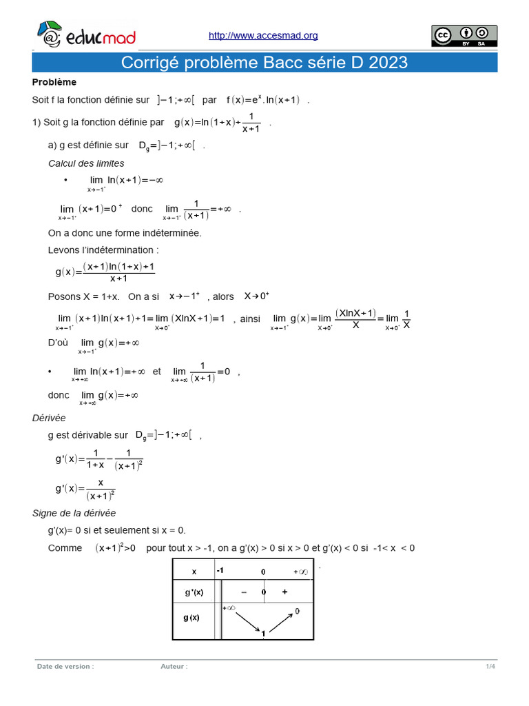 Corrigé Bac Série D Math 2023 | PDF | Limite (mathématiques) | Asymptote
