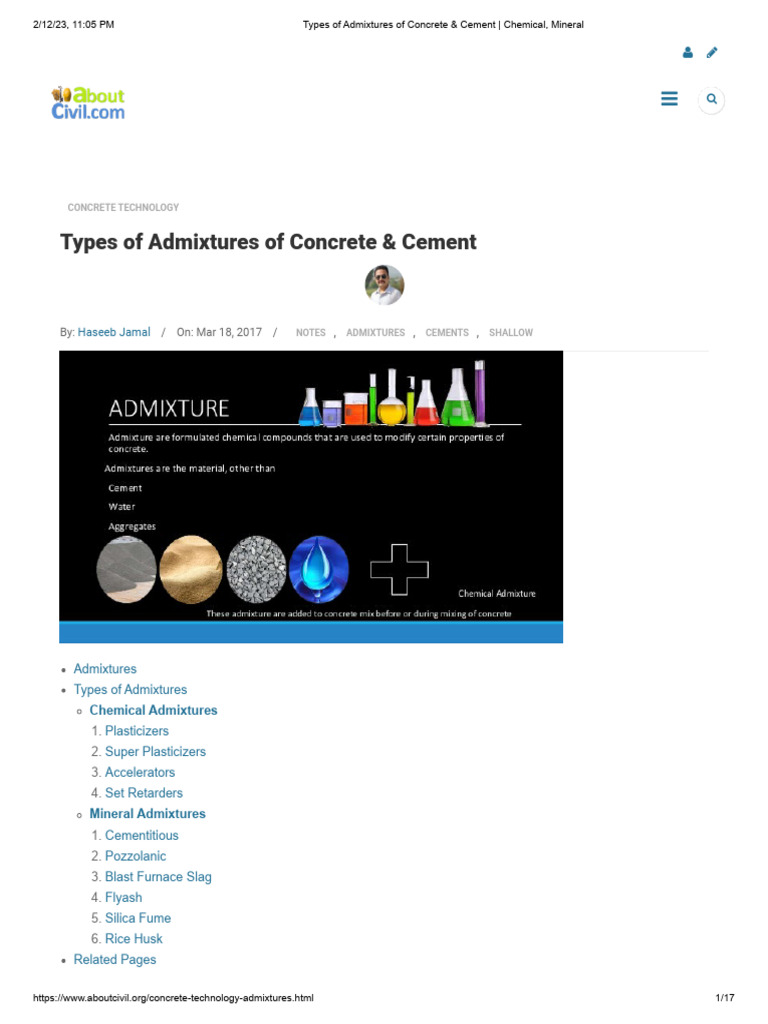 Types of Admixtures of Concrete & Cement - Chemical, Mineral | PDF