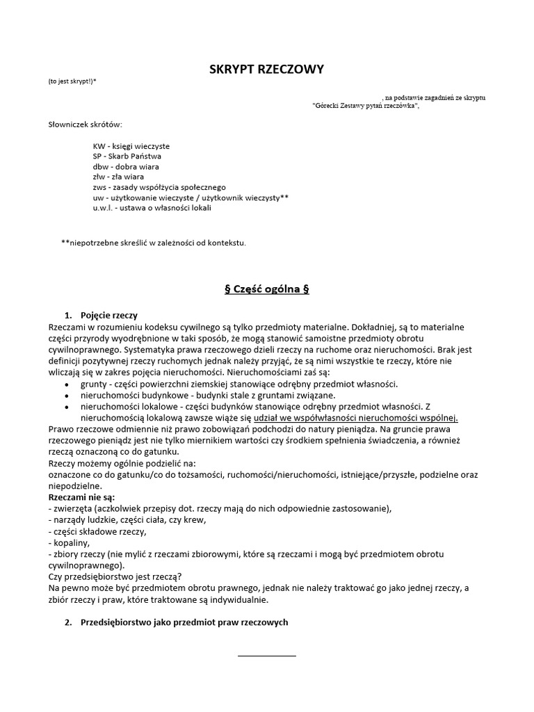 Prawo Rzeczowe Skrypt Rzeczowy | PDF