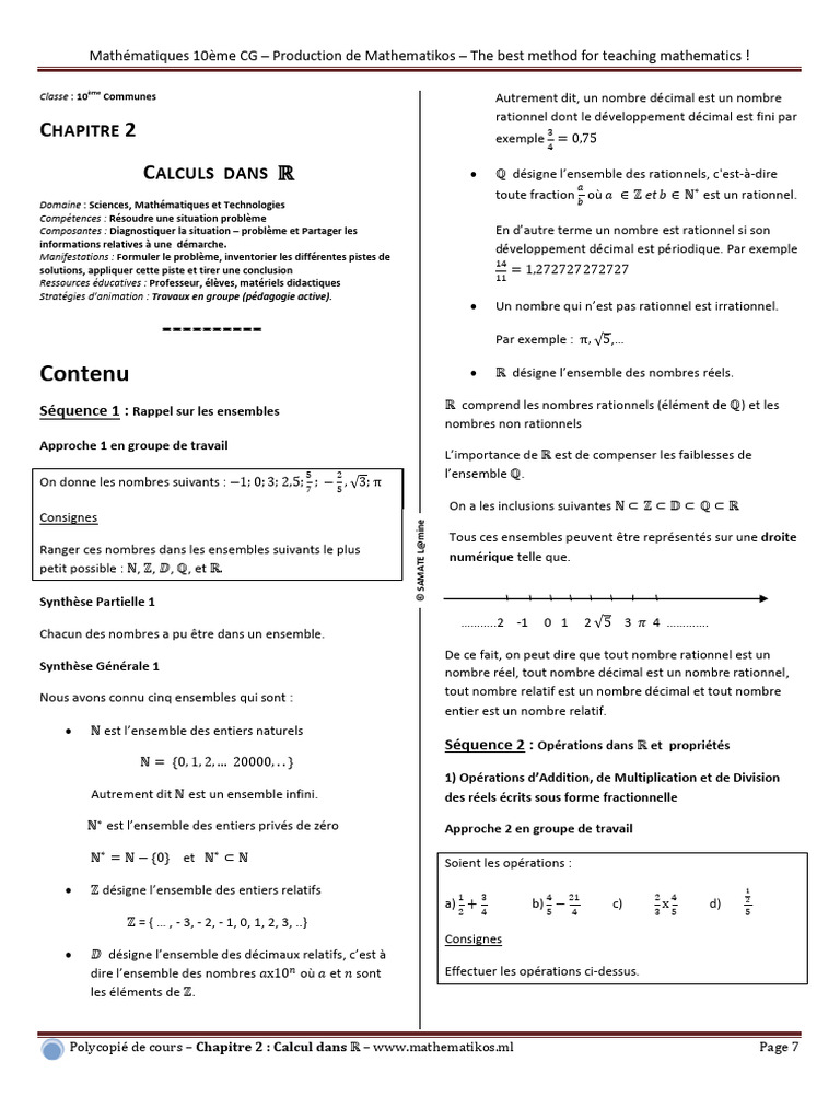Chapitre 2 Calcul Dans R 10e Communes Generales | PDF
