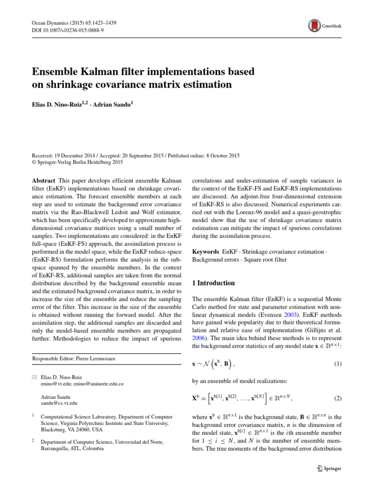 Ensemble Kalman Filter Implementations Based On Shrinkage Covariance Matrix Estimation | PDF