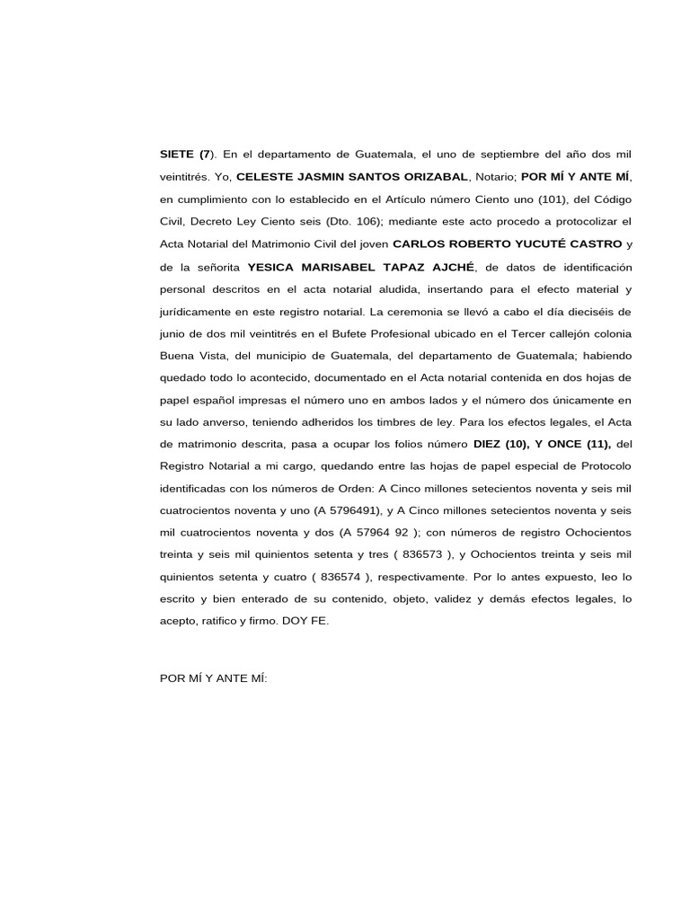 ACTA DE PROTOCOLIZACION DE MATRIMONIO. Notarial LL | PDF | Derecho