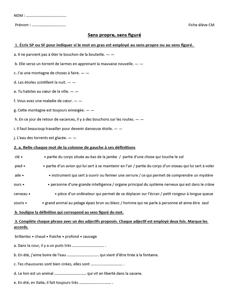 Bon Sens Propre Sens Figuré Exercices. 1 | PDF