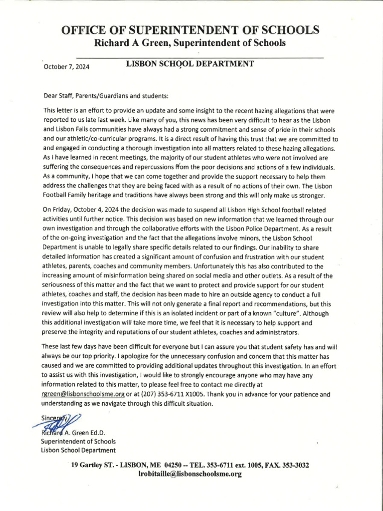 Lisbon High School superintendent's letter | PDF