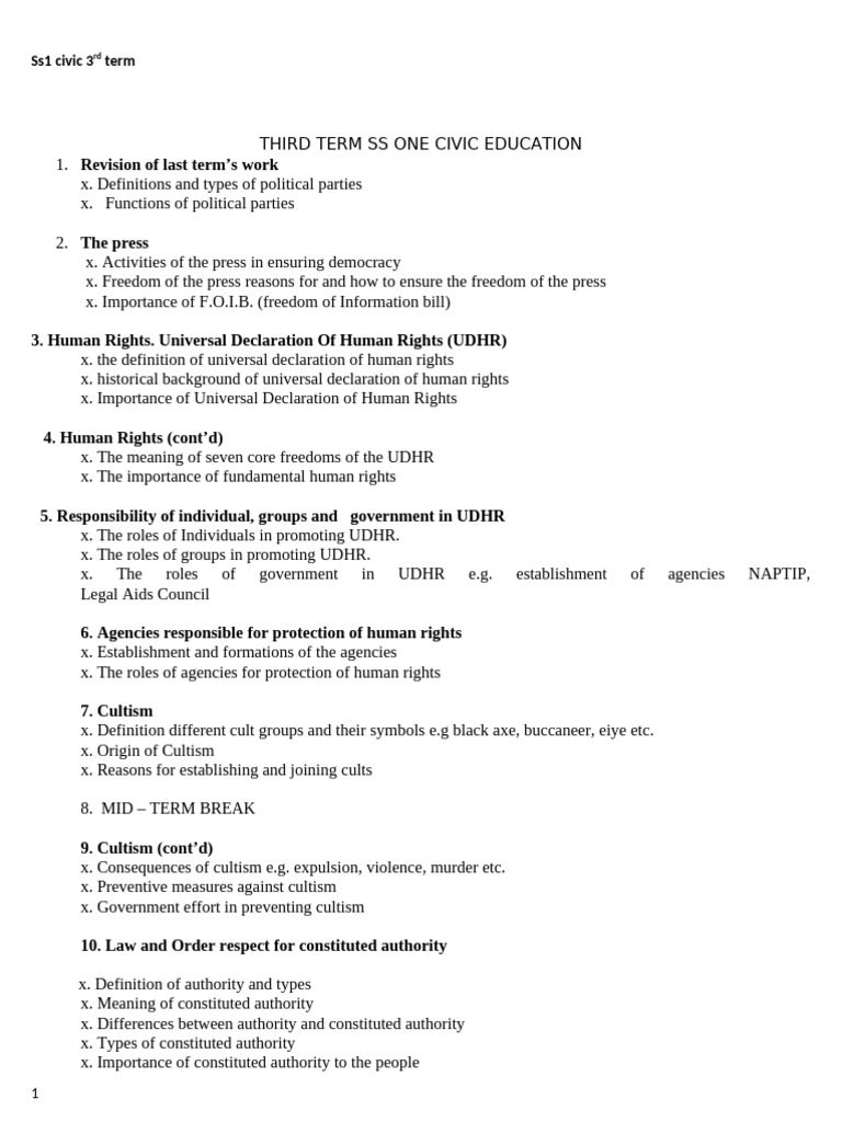 3RD Lesson Note On Civic Education SS 1 Third Term - 052002 | PDF