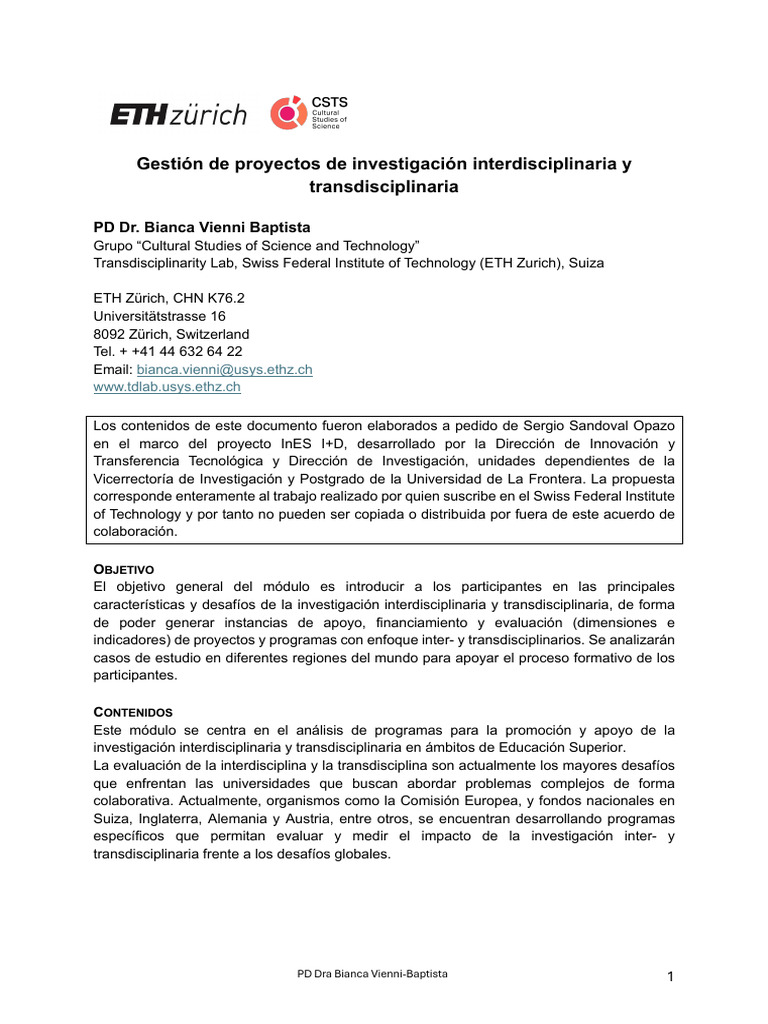 Gestión de Proyectos ITD - Breve Programa - Bianca Vienni-Baptista | PDF