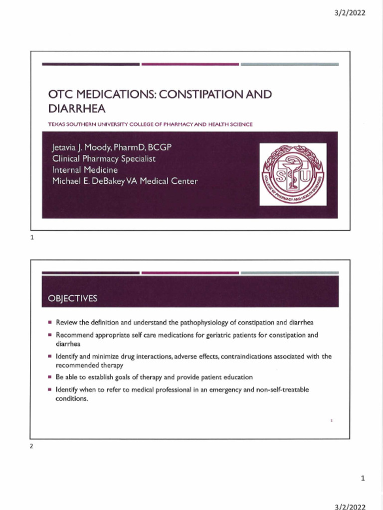 Phar 523 OTC Constipation and Diarrhea 22' - Handout - Moody | PDF