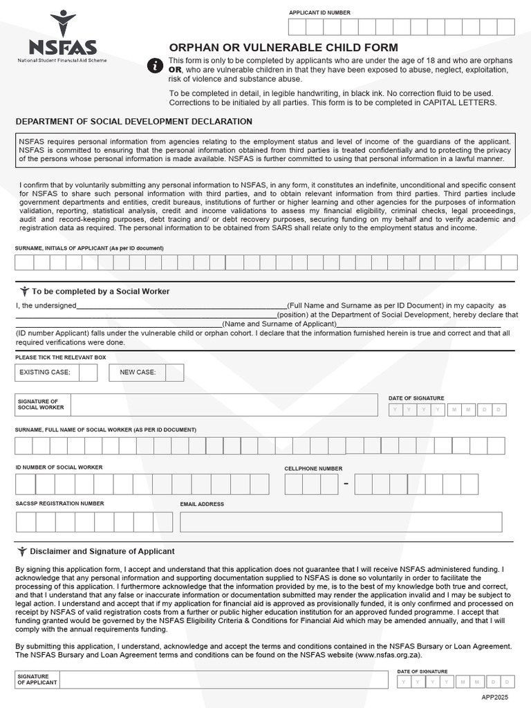 NSFAS 2025 Orphan or Vulnerable Child Declaration form - final | PDF