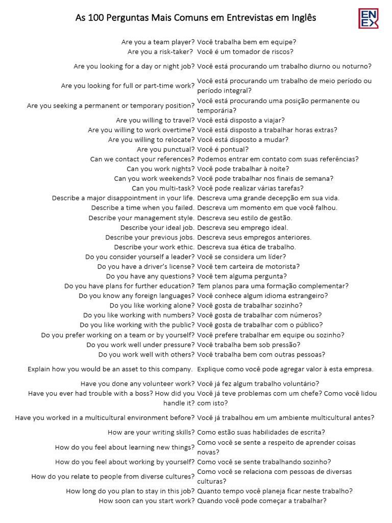 As 100 Perguntas Mais Comuns em Entrevista de Emprego | PDF