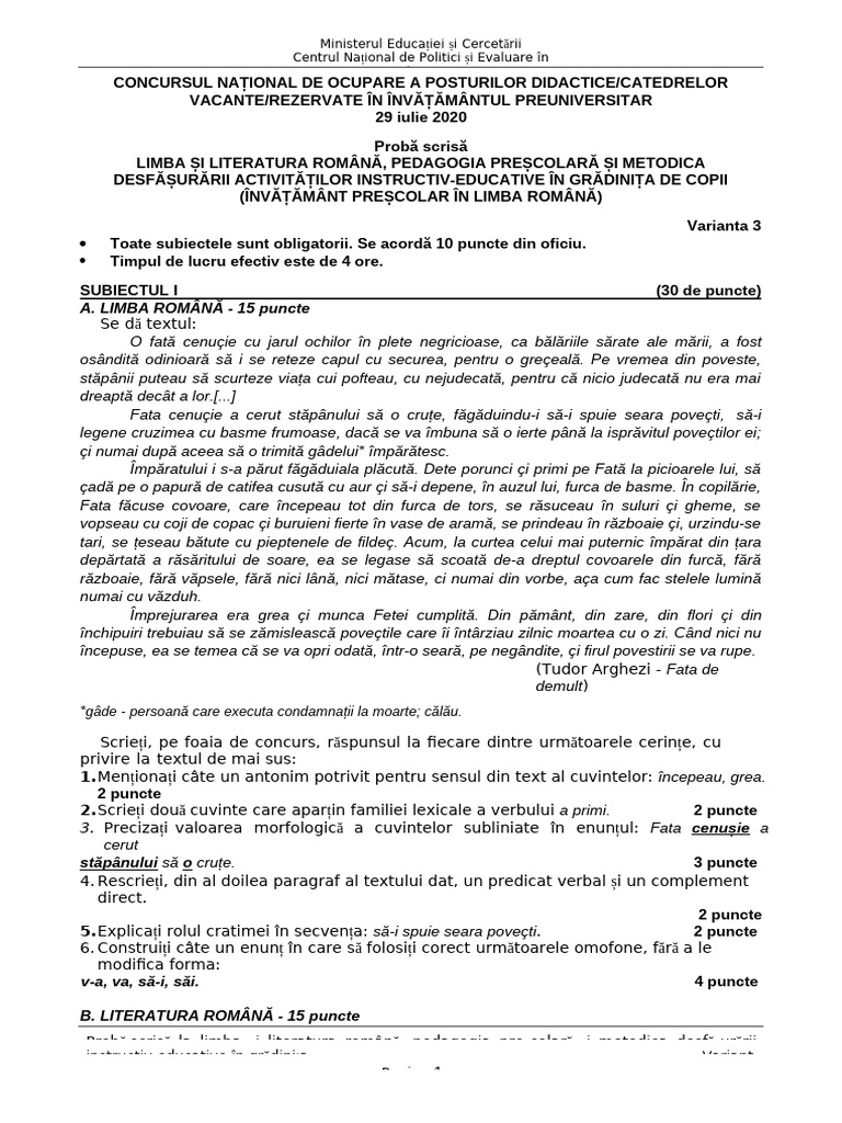 A. LIMBA ROMÂNĂ - 15 Puncte: Ministerul Educa Iei I Cercet Rii Centrul Na Ional de Politici I ...
