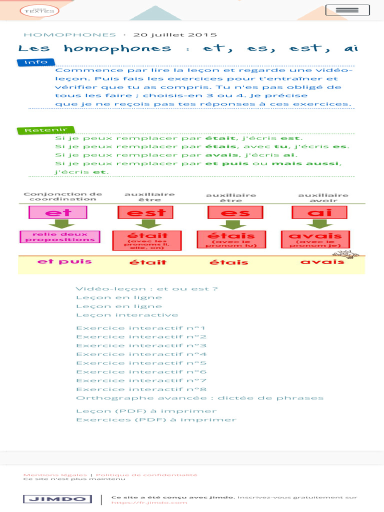Les Homophones Et, Es, Est, Ai - Cahier de Textes de Mme Marchina | PDF